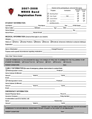 Fillable Online 2007-2008 WRHS Band Registration Form - Warner Robins ...