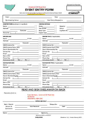 Fillable Online EVENT ENTRY FORM - Kempsey Macleay Off Road Club Fax ...