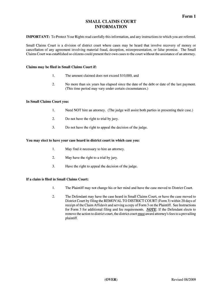 Fillable Online Form 1 SMALL CLAIMS COURT INFORMATION Fax Email Print ...