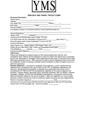 Fillable Online Yms tryout form 2010-2011 Fax Email Print - pdfFiller