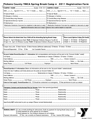 Fillable Online Printable Spring Break Camp Registration Form - Pickens ...