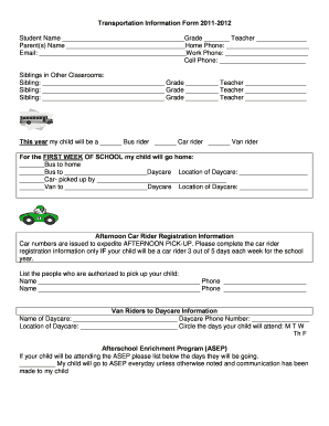 Fillable Online Transportation Information Form 2011-2012 Student Name ...