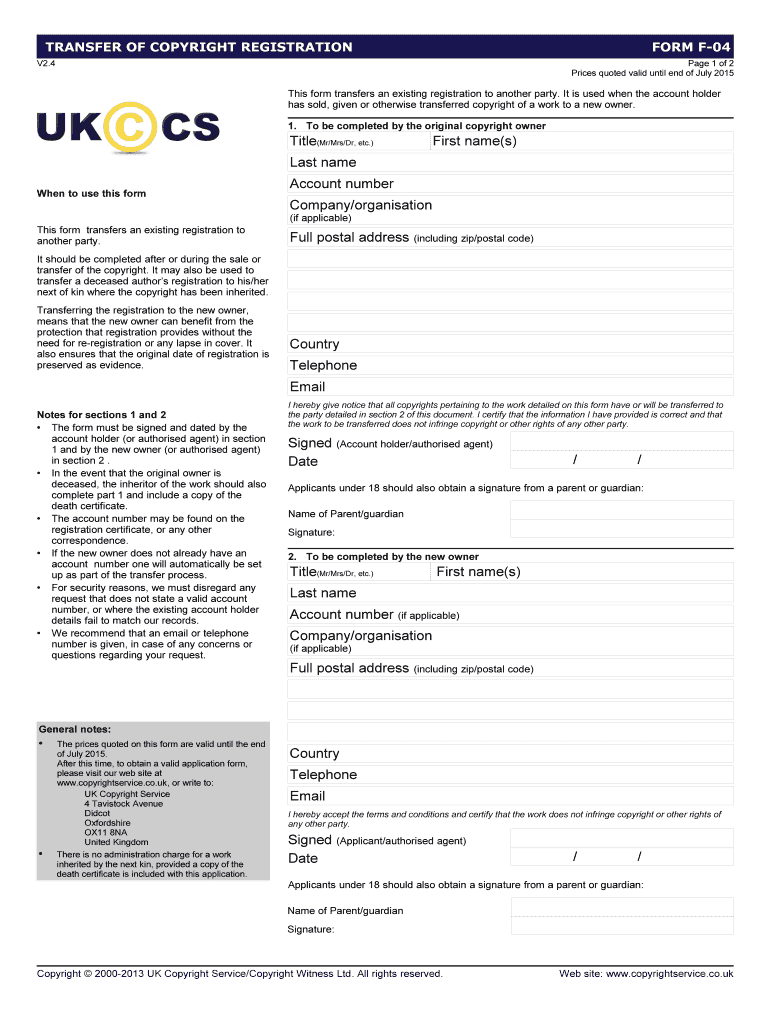 Fillable Online Transfer of copyright registration form f-04 - The UK ...