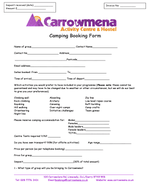 Fillable Online Camping Booking Form - Carrowmena Activity Centre and ...