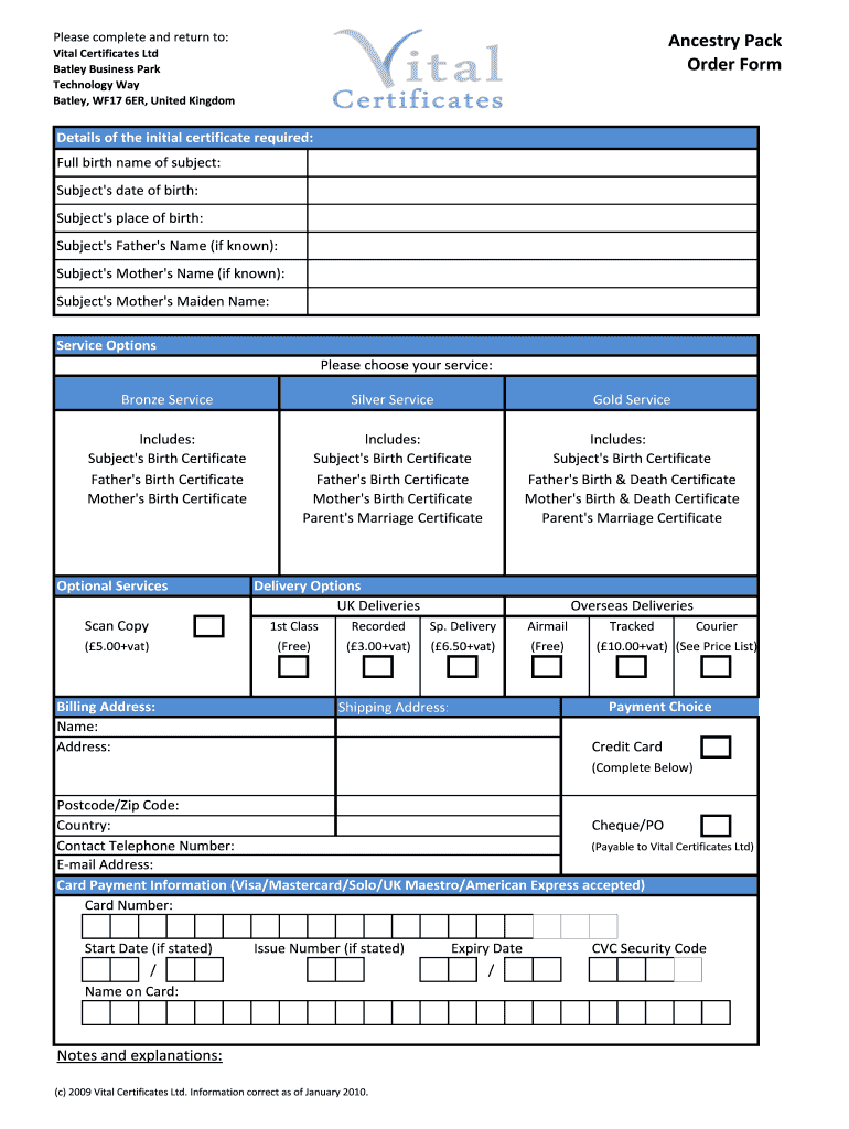 Fillable Online Ancestry Pack Order Form Fax Email Print - pdfFiller