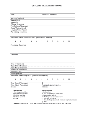 Fillable Online OUTCOME MEASUREMENT FORM Date: Therapists Signature ...