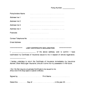 Fillable Online Lost Certificate Declaration - Brian McGurgan Insurance ...