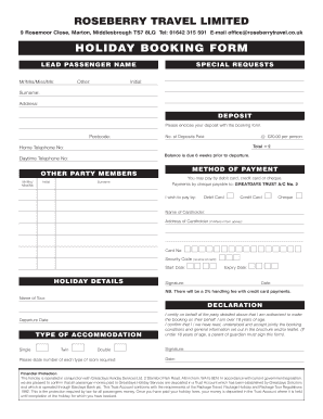 Fillable Online HOLIDAY BOOKING FORM - Roseberry Travel Fax Email Print ...
