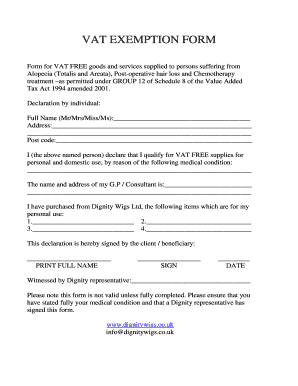 Fillable Online VAT EXEMPTION FORM - Dignity Wigs Fax Email Print - pdfFiller