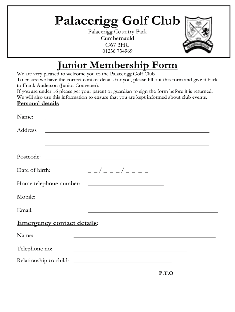 Fillable Online Junior Membership Application for Palacerigg Golf Club ...