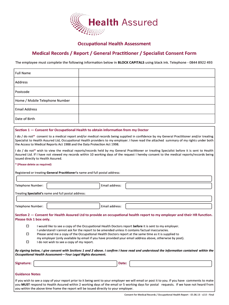 Fillable Online Occupational Health Assessment Medical Records / Report ...
