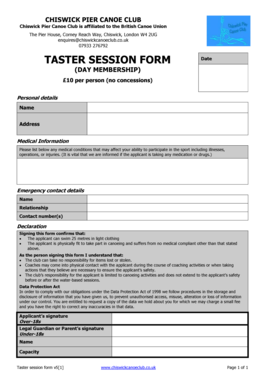 Fillable Online Taster Session Form - Chiswick Pier Canoe Club Fax ...