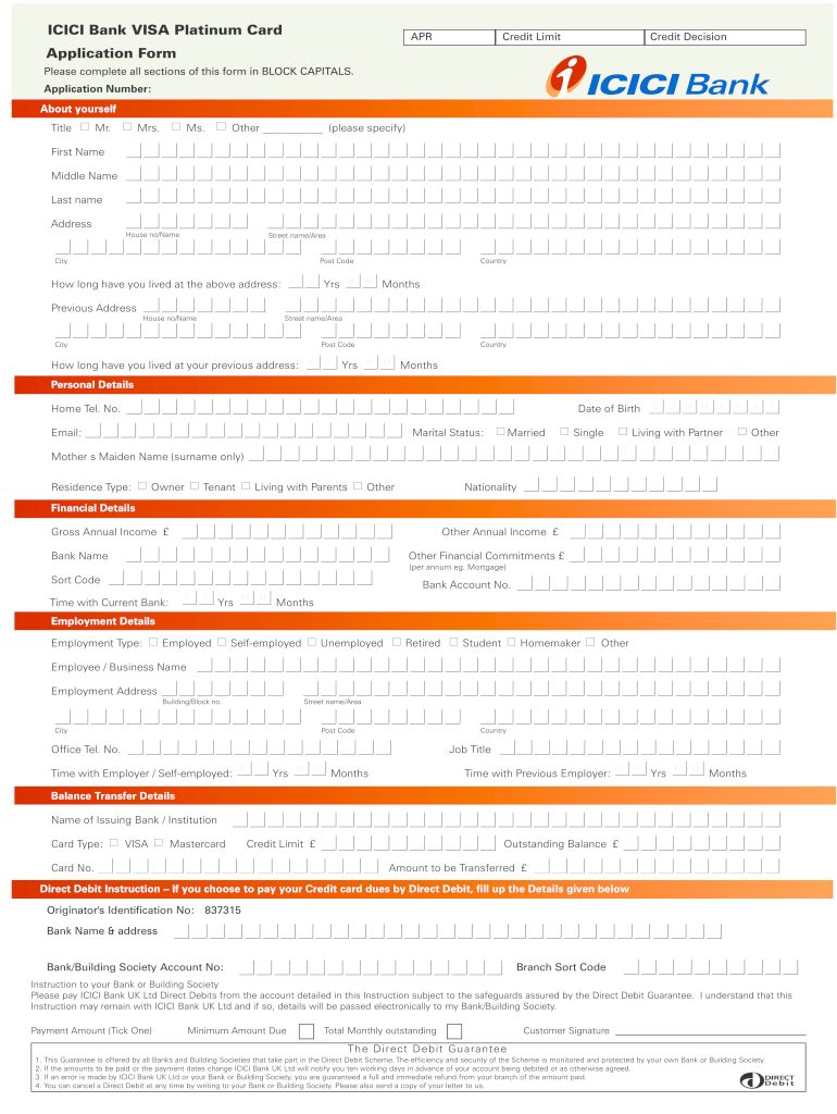 Fillable Online ICICI Bank VISA Platinum Card Application Form Fax