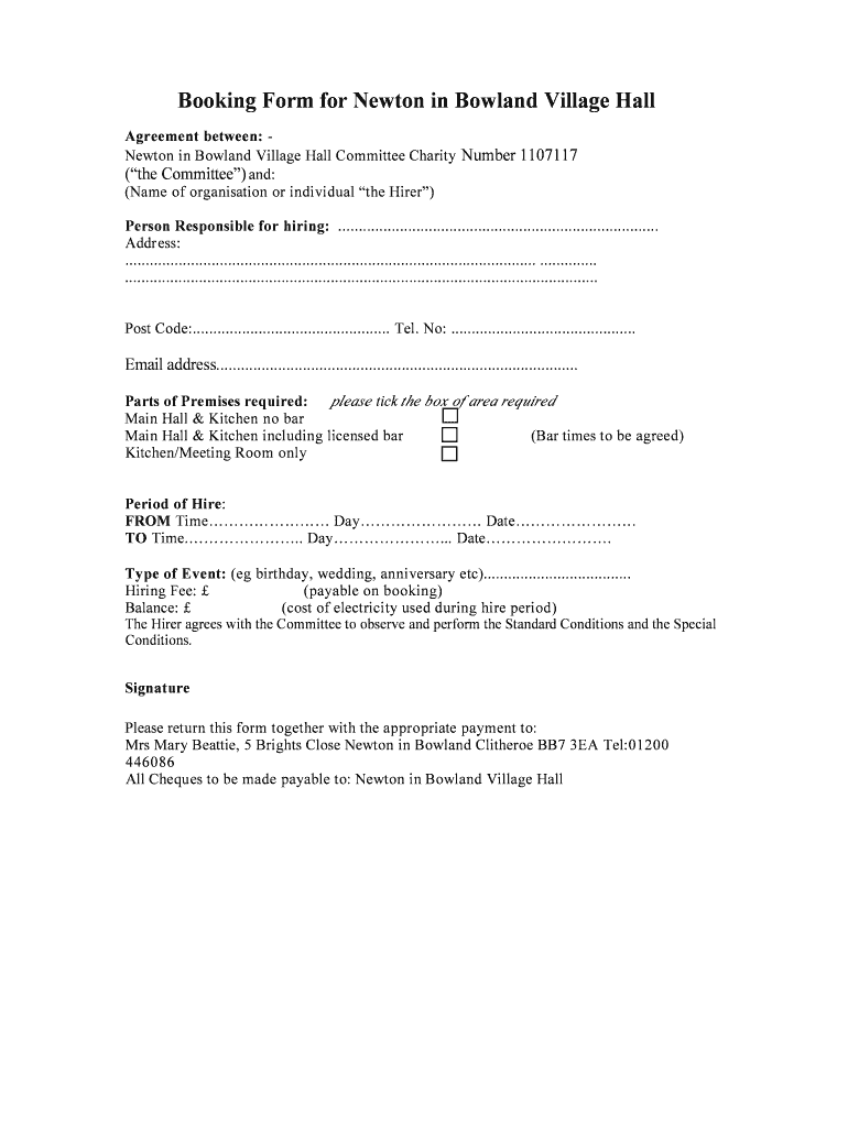 Booking Form for Newton in Bowland Village Hall: Fill out & sign online ...