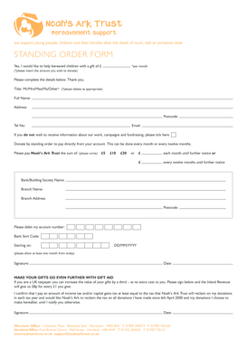 Fillable Online STANDING ORDER FORM - Noah's Ark Trust Fax Email Print ...