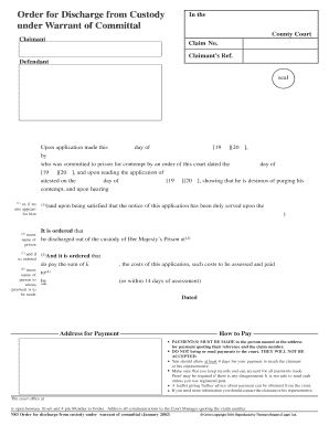Fillable Online Order for Discharge from Custody under Warrant of ...