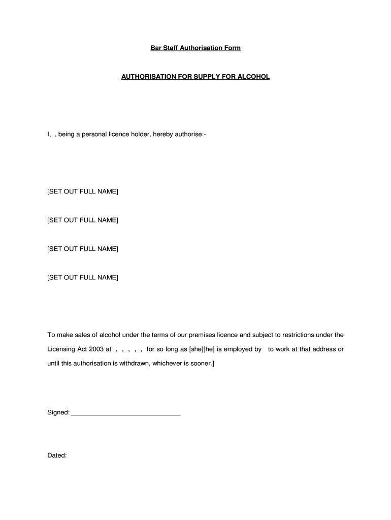 Bar Staff Authorisation Form - Fill Online, Printable, Fillable, Blank ...
