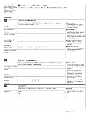 Fillable Online SE CV01 - continuation page - Companies House Fax Email ...