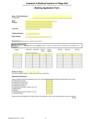 Fillable Online Booking Application Form - Grayshott Village Hall Fax ...