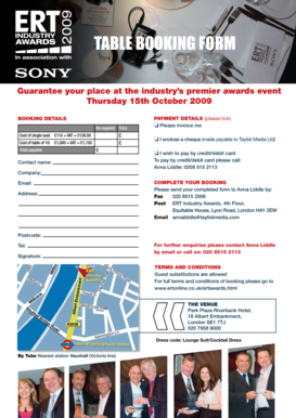 Fillable Online TABLE BOOKING FORM - ERTonline.co.uk Fax Email Print ...