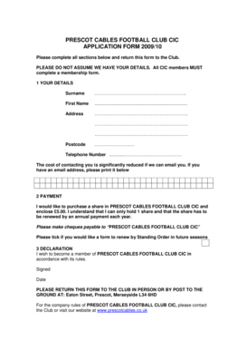 Fillable Online Prescot cables football club cic application form 2009/ ...