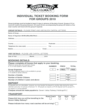 Fillable Online Individual ticket booking form for groups 2010 - Severn ...