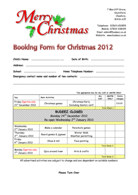 Fillable Online Christmas holiday booking form - Budeez Fax Email Print ...
