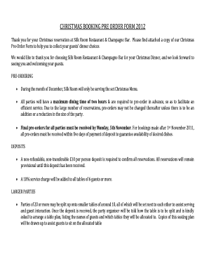 Fillable Online CHRISTMAS BOOKING PRE ORDER FORM 2012 - the Silk Room ...