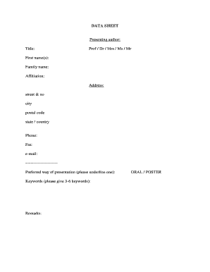 Fillable Online DATA SHEET Presenting author: Title: Prof / Dr / Mrs ...