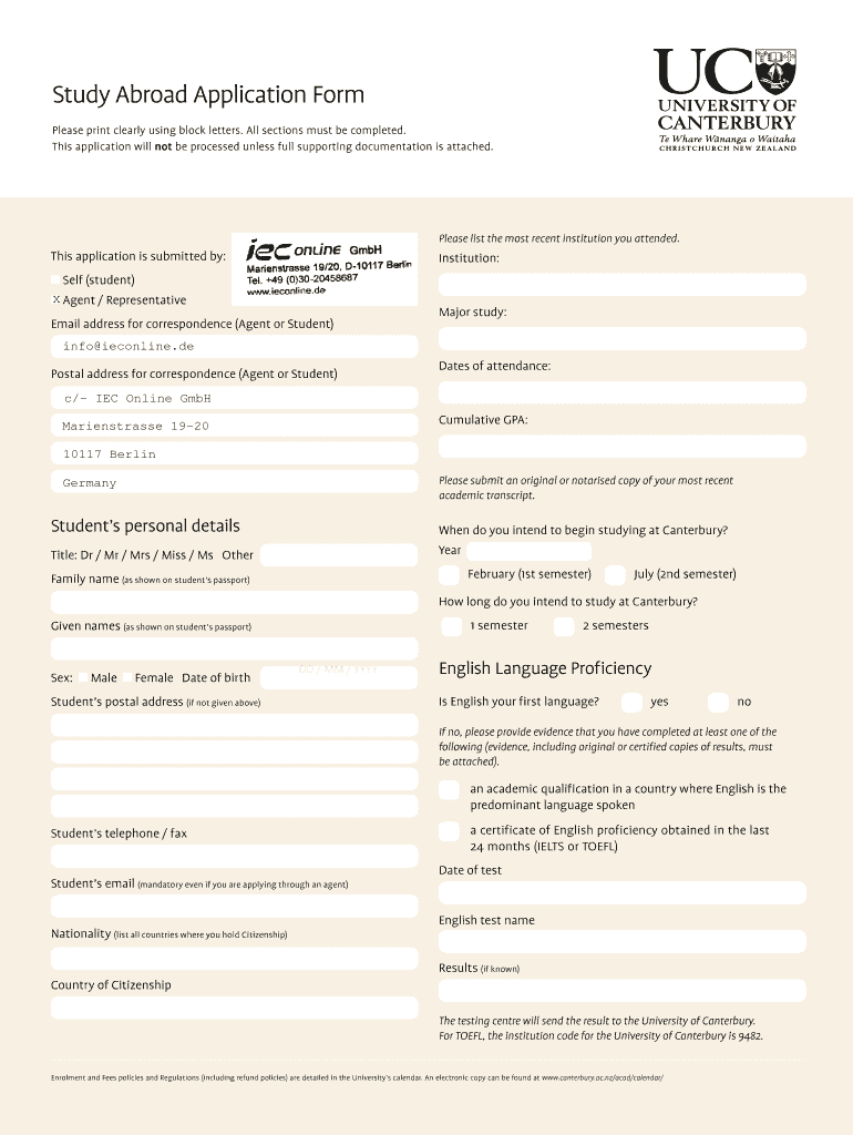 Fillable Online Study Abroad Application Fax Email Print - pdfFiller
