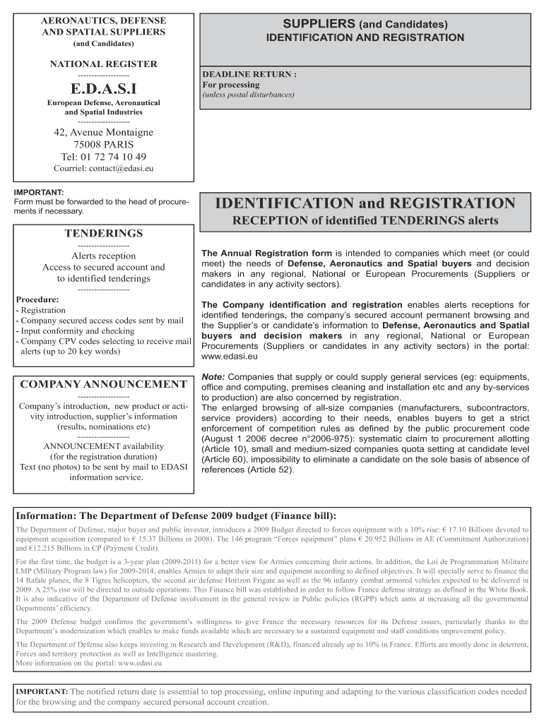 Fillable Online Identification and Registration of Suppliers for Aeronautics, Defense, and ...