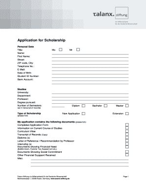 Fillable Online Application for Scholarship Personal Data Title: Name: First Name: Street: ZIP ...