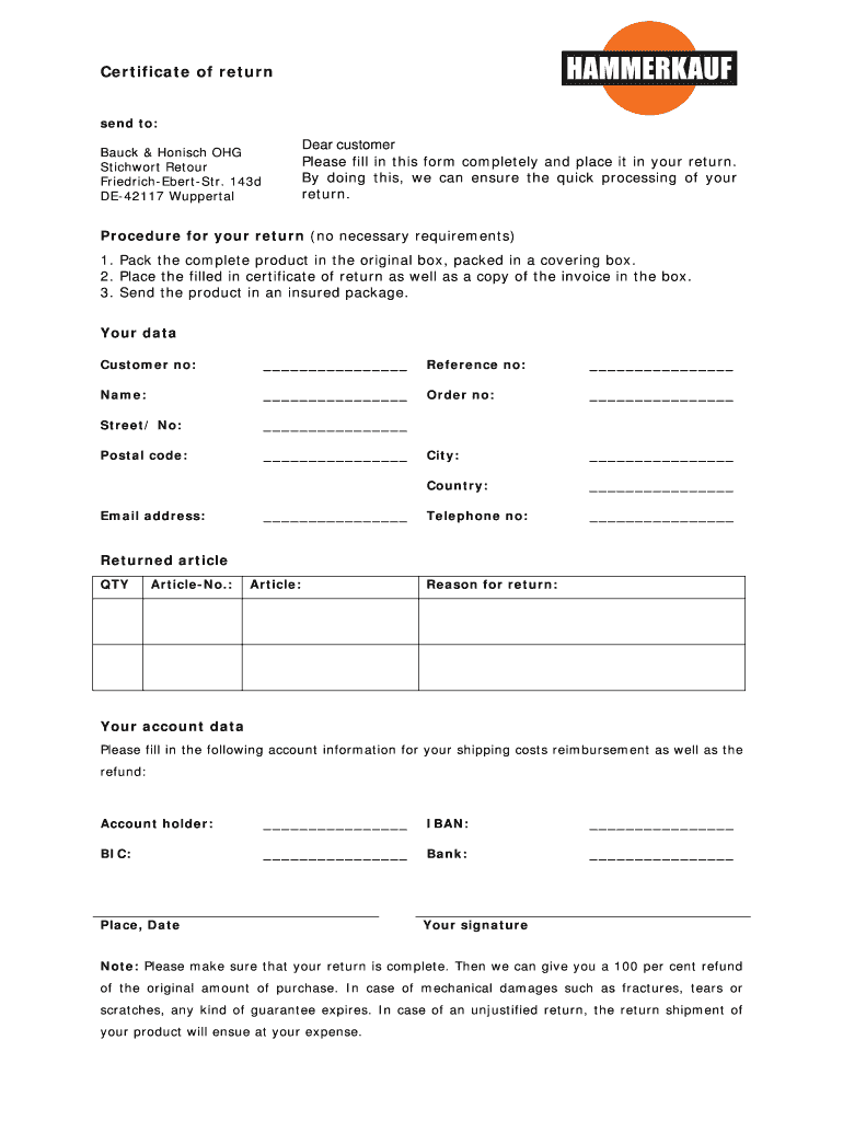 Fillable Online Certificate of return Fax Email Print - pdfFiller