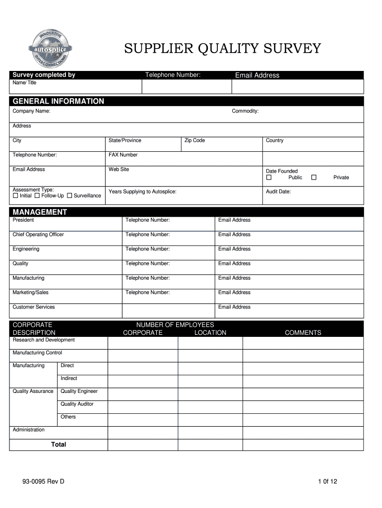 Fillable Online Supplier Quality Survey Fax Email Print - pdfFiller