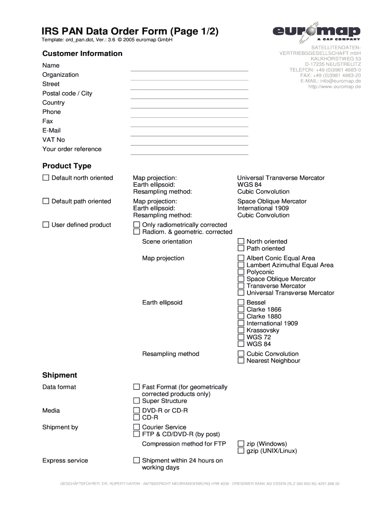 Fillable Online IRS PAN Data Order Form (Page 1/2) - Euromap Fax Email ...