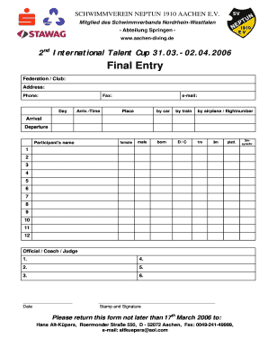 Fillable Online Final Entry Form - SV Neptun Aachen Fax Email Print ...