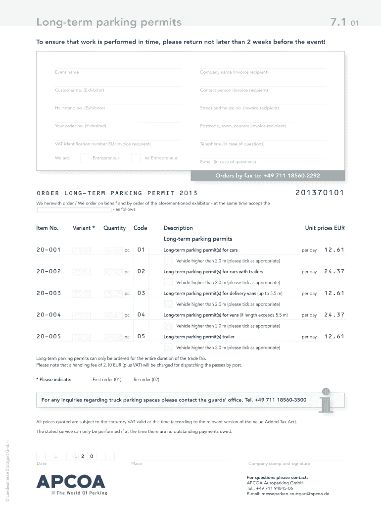 Long-Term Parking Permit Order Form - Blank Fillable Template | Fill ...