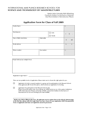 Fillable Online Application Form for Class of Fall 2009 - International Max Planck ... Fax Email ...