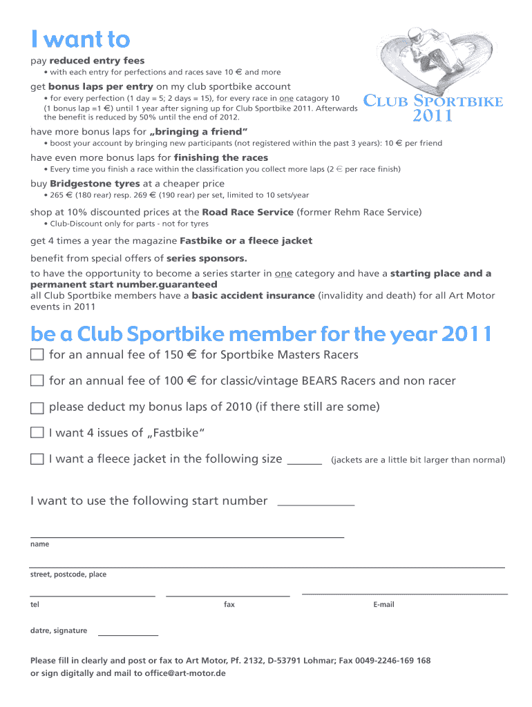 Fillable Online Club Sportbike Membership and Series Entry for 2011 Fax Email Print - pdfFiller