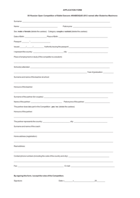 Fillable Online APPLICATION FORM XII Russian Open Competition of Ballet ...