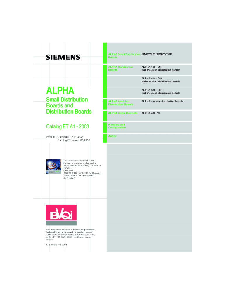 Fillable Online SIEMENS ALPHA DISTRIBUTION BOARDS AND TERMINAL BLOCKS ...