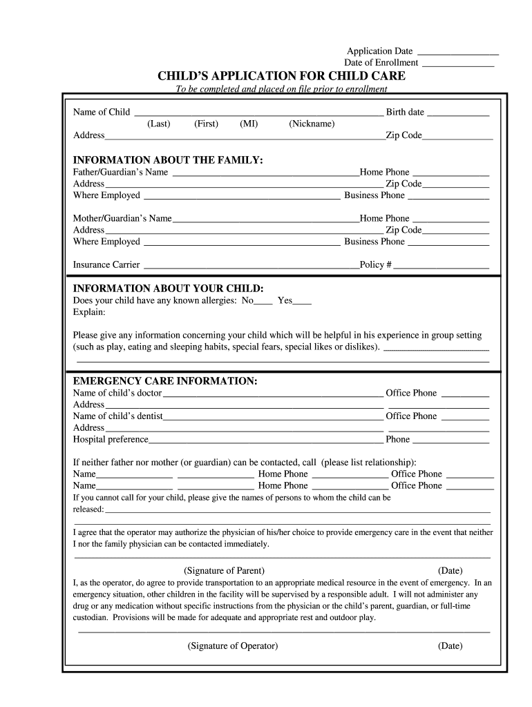 Fillable Online Child's Application for Child Care Fax Email Print ...
