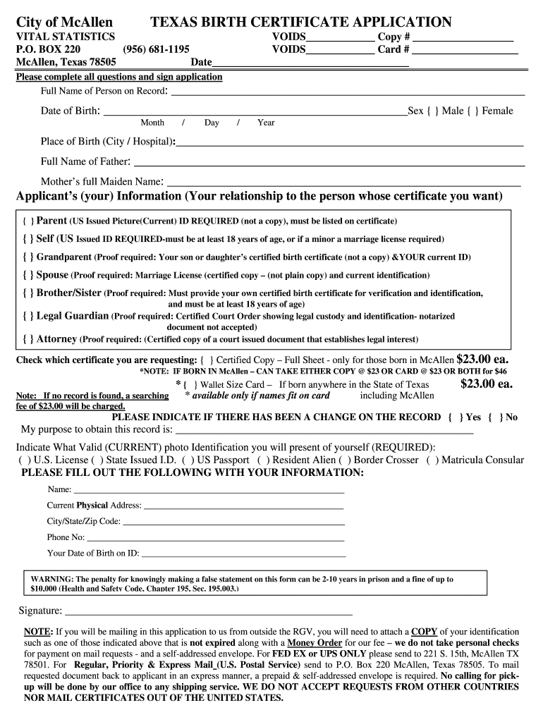 TX Birth Certificate Application McAllen Fill And Sign 