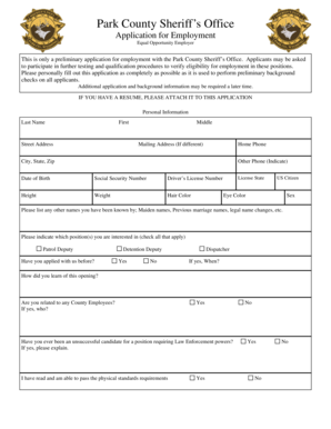 Fillable Online Application for Employment - Park County Sheriff's Office Fax Email Print ...