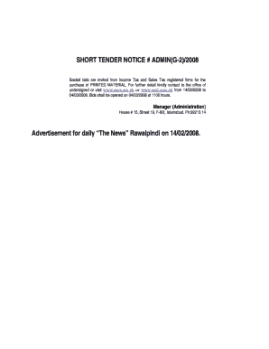 Fillable Online SHORT TENDER NOTICE # ADMIN(G-2)/2008 Advertisement ...