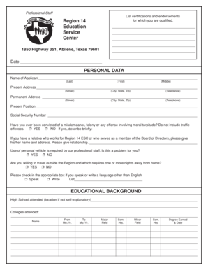 Fillable Online esc14 Professional Application - Region 14 Education ...