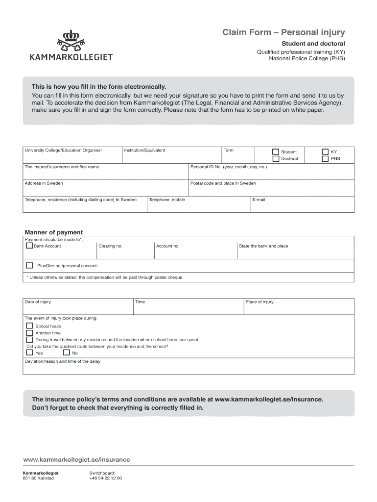Fillable Online Claim Form for Personal Injury Compensation Fax Email ...