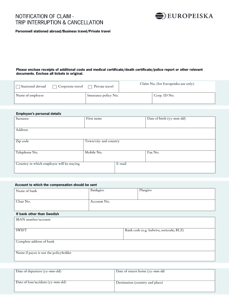Fillable Online Notification of Claim for Trip Interruption and ...