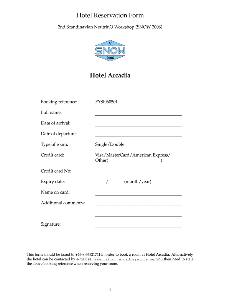 Fillable Online Hotel Reservation Form for 2nd Scandinavian NeutrinO ...