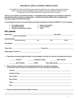 Fillable Online FRANKLIN ARTS ACADEMY APPLICATION - Franklin High School Fax Email Print - pdfFiller